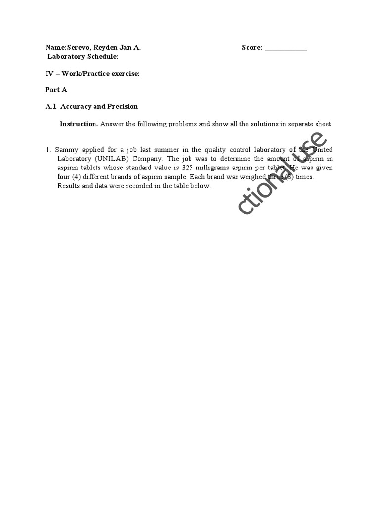 Laboratory Report on Accuracy, Precision, Significant Figures, Unit ...