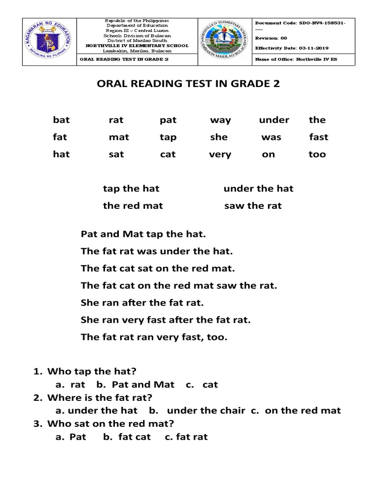 Oral Reading Test in Grade 2 | PDF