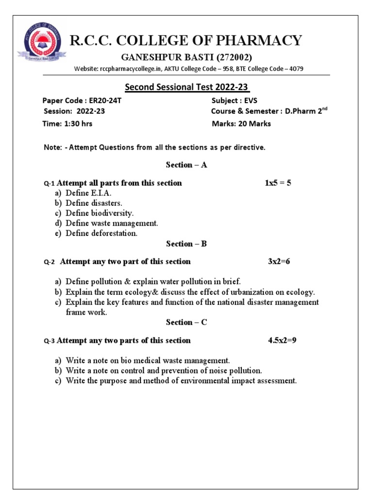 EVS Question D.Pharm 2nd 2nd Sesional | PDF