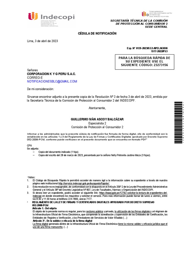 Cédula de Notificación: Exp. #0135-2023/CC2-APELACION 1577-2022/PS3 | PDF | Gobierno | Justicia