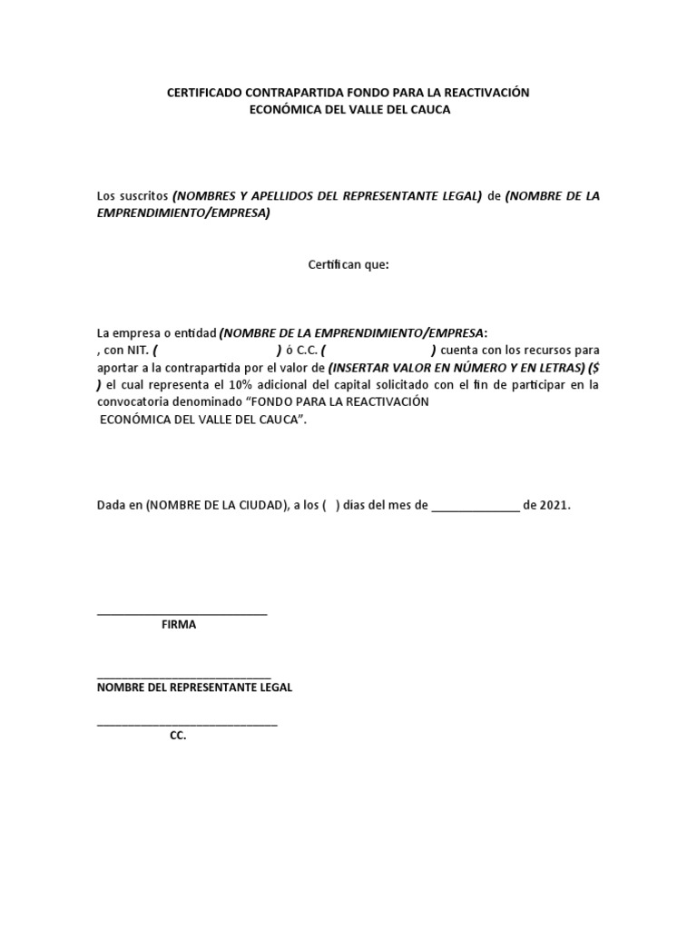 Certificado Contrapartida Fondo para La Reactivación Económica Del ...
