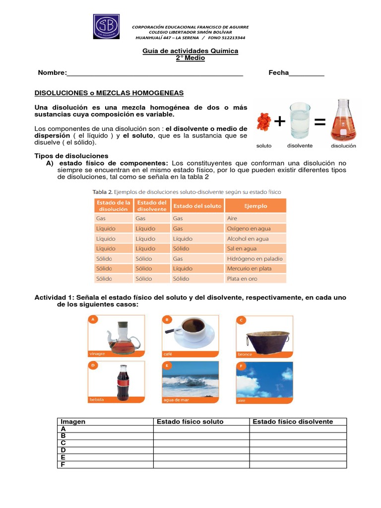 Actividad Disoluciones o Mezclas Homogeneas 2 Medio Quimica | PDF | Solubilidad | Mezcla