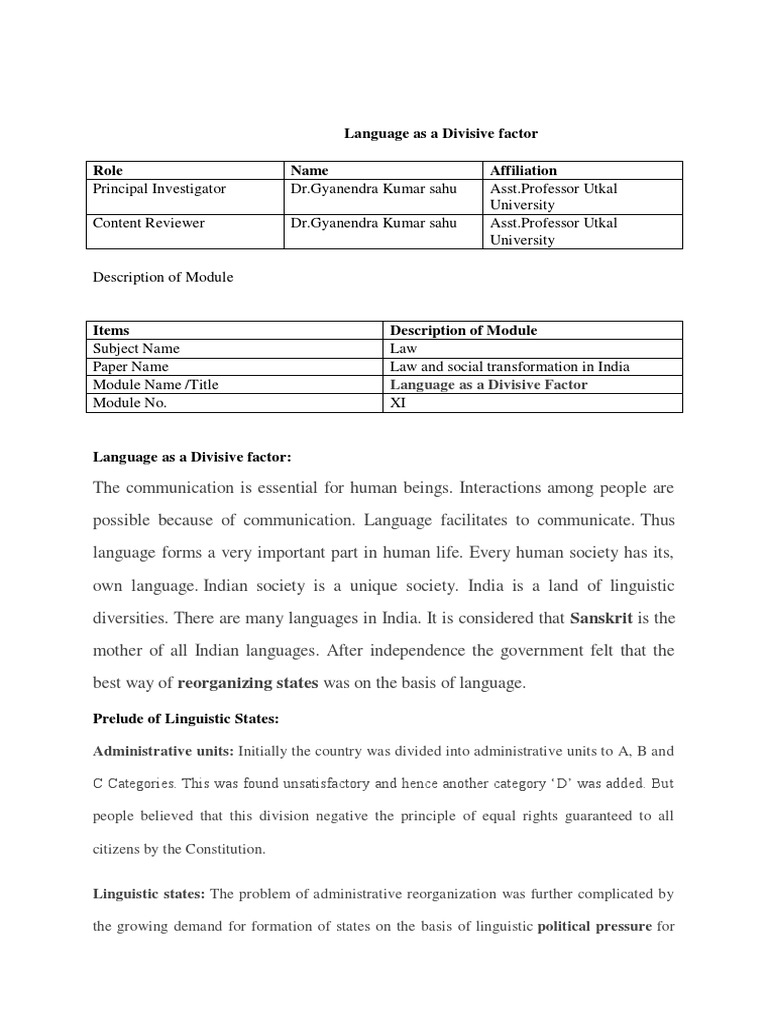 Language As A Divisive Factor | PDF | Linguistics | Languages Of India