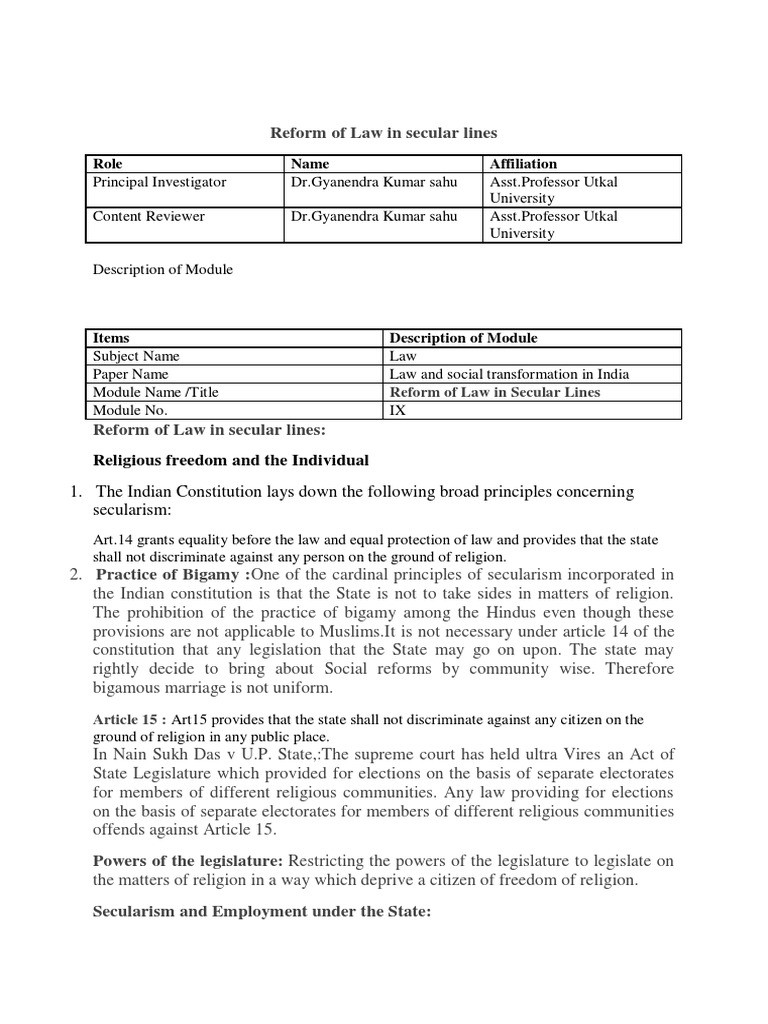 Reform of Law in Secular Lines | PDF | Secularism | Dalit