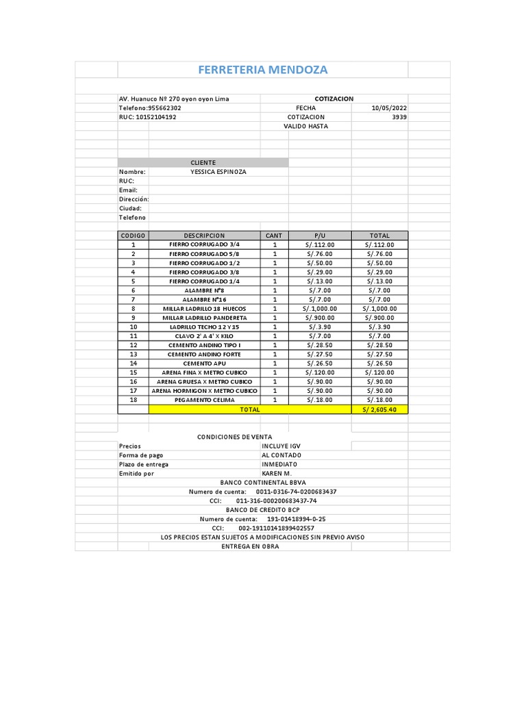 Cotizacion Materiales de Construcción | PDF