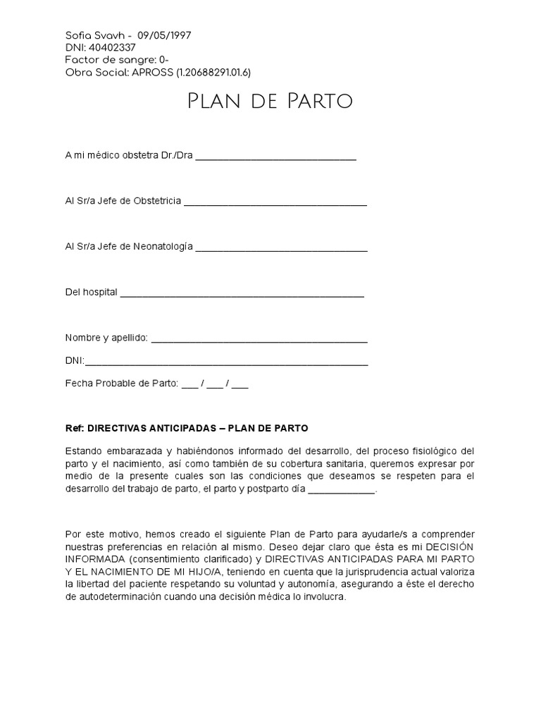 Plan de Parto | PDF | Parto | Medicina