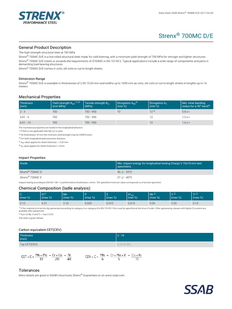 Strenx 700MC D e 2017-04-20 | PDF | Sheet Metal | Engineering Tolerance