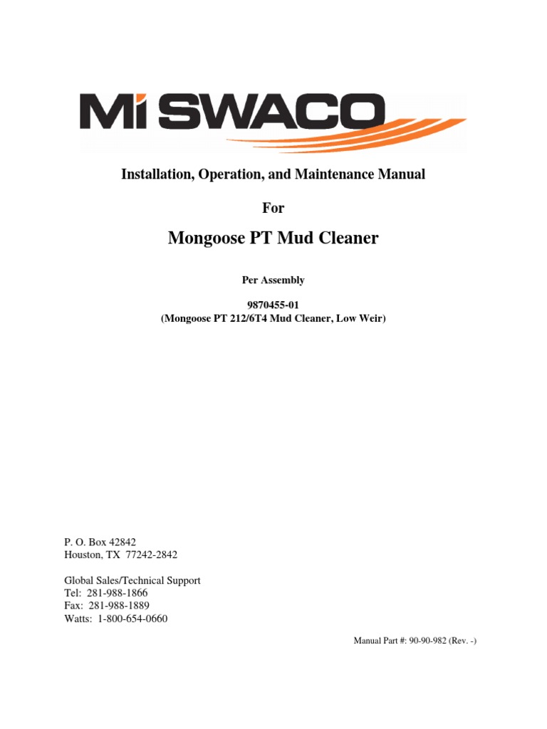 Mongoose PT Mud Cleaner: Installation, Operation, and Maintenance Manual For | PDF | Personal ...