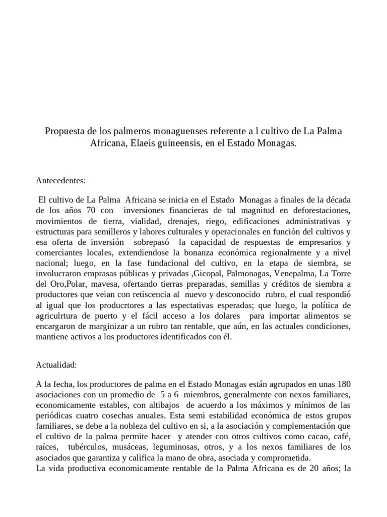 Propuesta de Los Palmeros Monaguenses Referente A L Cultivo de La Palma ...