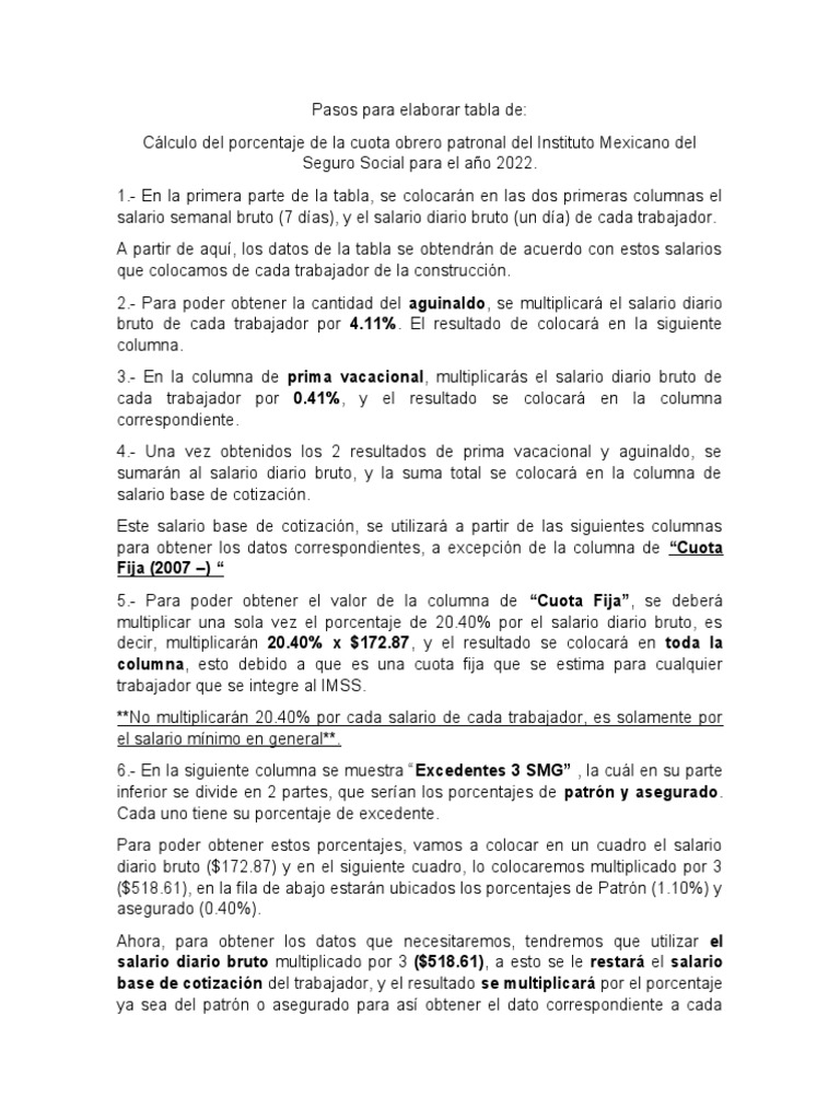 Pasos para Elaborar Tablas de Calculo IMSS y FSR | PDF | Salario ...