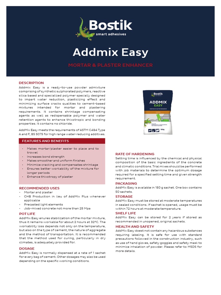 Bostik Addmix Easy Rev1 | PDF | Concrete | Mortar (Masonry)