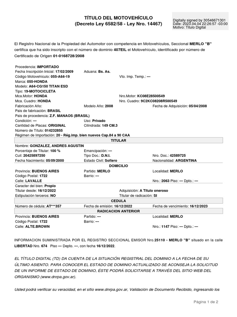 Título Del Motovehículo (Decreto Ley 6582/58 - Ley Nro. 14467) | PDF