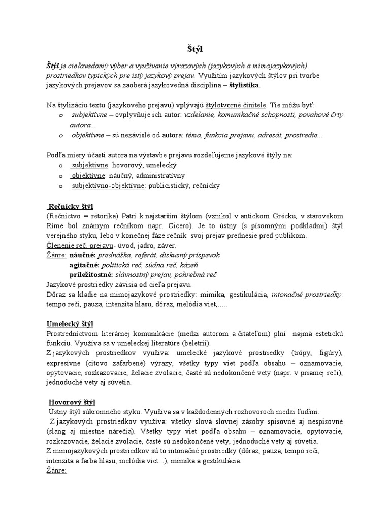 Štýly, Slohové Postupy A Útvary | PDF