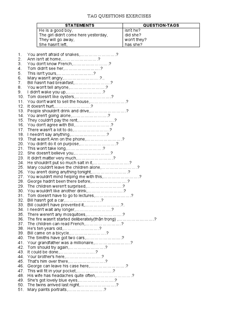 Tag Questions Exercises: A Comprehensive Collection of Sentences with ...