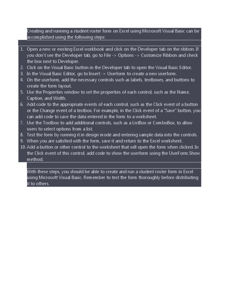 Creating and Running A Student Roster Form On Excel Using Microsoft Visual Basic Can Be ...