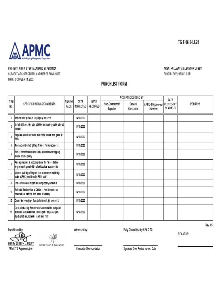 APMC Punchlist AS Alabang Esperanza 3rd Floor - Hallway | PDF ...
