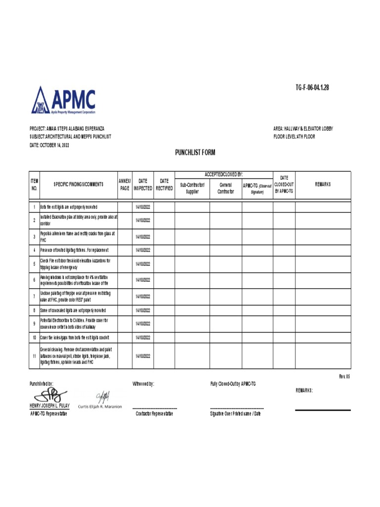 APMC Punchlist AS Alabang Esperanza 4th Floor - Hallway | PDF ...