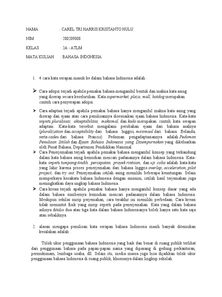 Bahasa Indonesia Carel Tri Harris Kristanto Hulu | PDF