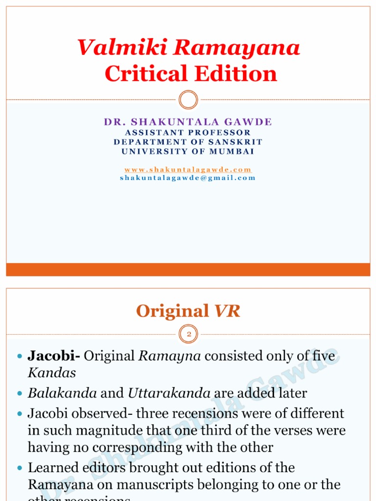Critical Edition of Valmiki Ramayana | PDF