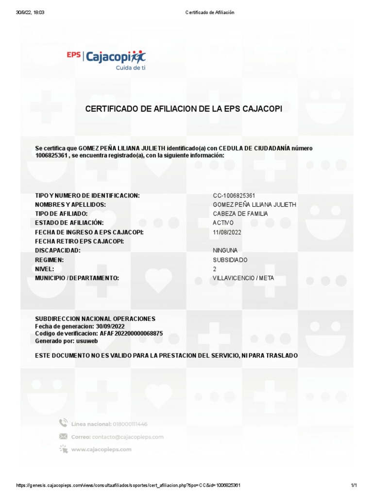 Certificado de Afiliacion de La Eps Cajacopi | PDF