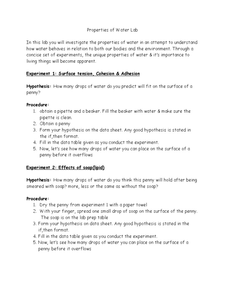 Properties of Water Lab | PDF | Experiment | Chemistry