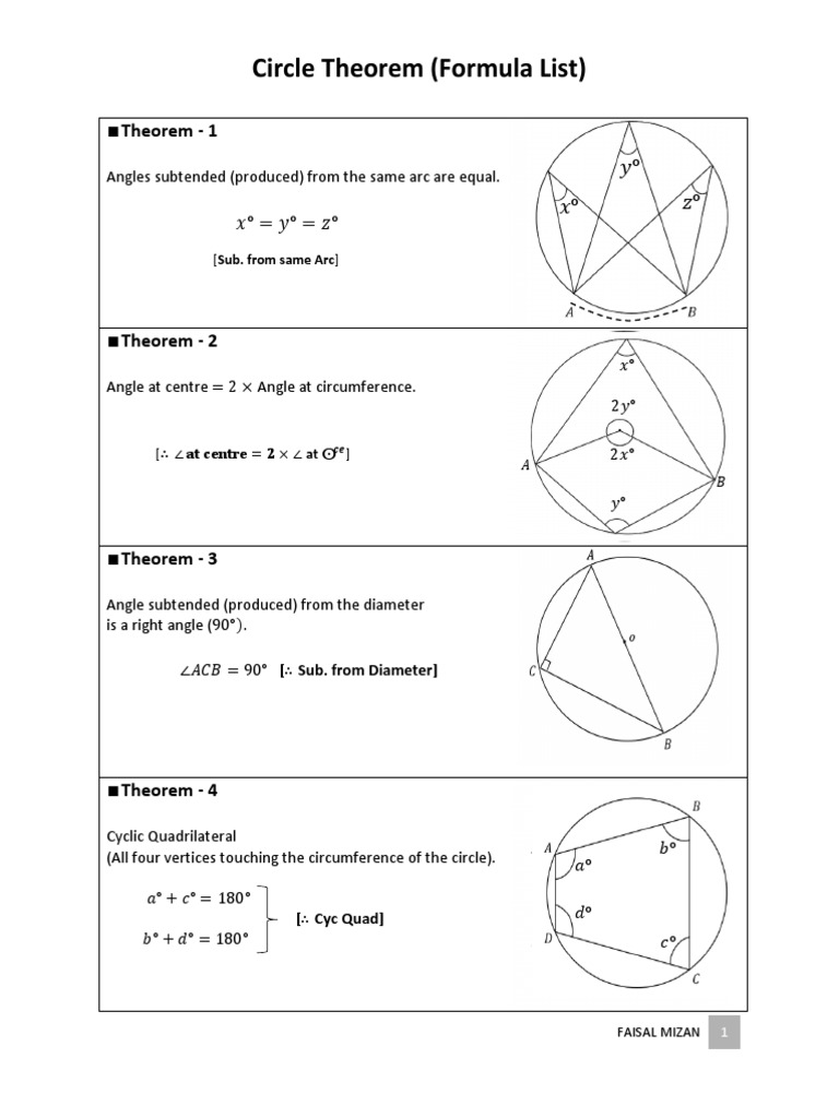 Circle Thorem Formula | PDF | Circle | Angle