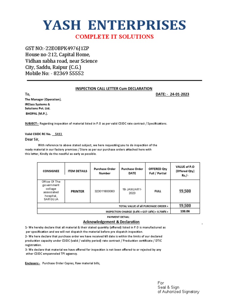 Inspection Calll Letter Yash | PDF | Economies | Business