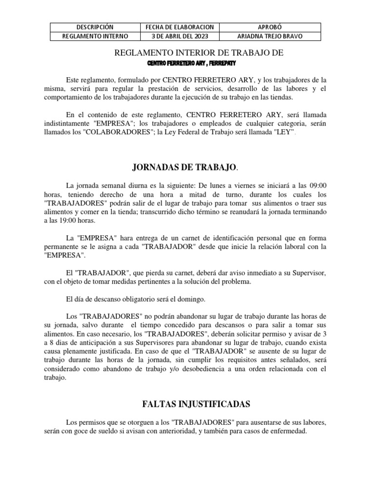 Reglamento Interior de Trabajo de | PDF | Salario