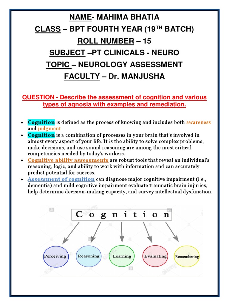 15 - Mahima Bhatia - Cognition - Neuro Assessment | PDF | Aphasia | Speech