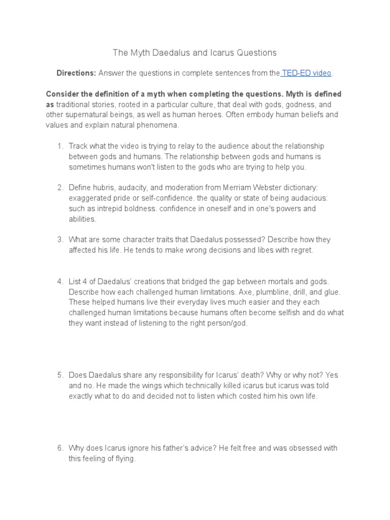 Copy of The Myth Daedalus and Icarus 8 Qs TED-ED video | PDF