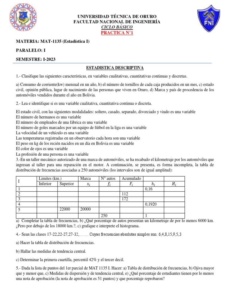 PRÁCTICA 1 MAT 1135 I Corregido | PDF | Probabilidad | Ingeniería mecánica