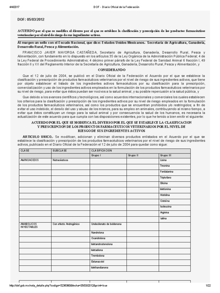 ACUERDO Por El Que Se Modifica El Diverso Por El Que Se Establece La Clasificaci N y Prescripci ...