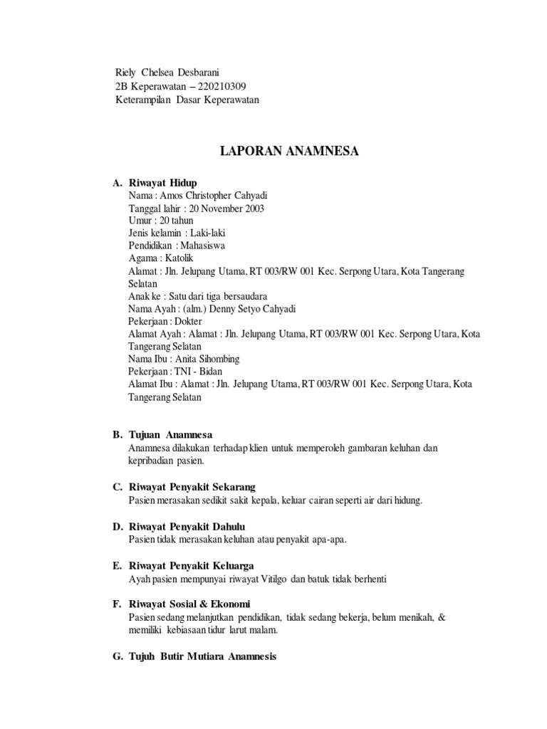 Laporan Anamnesa - Keterampilan Dasar Keperawatan - Riely Chelsea D. 2B ...