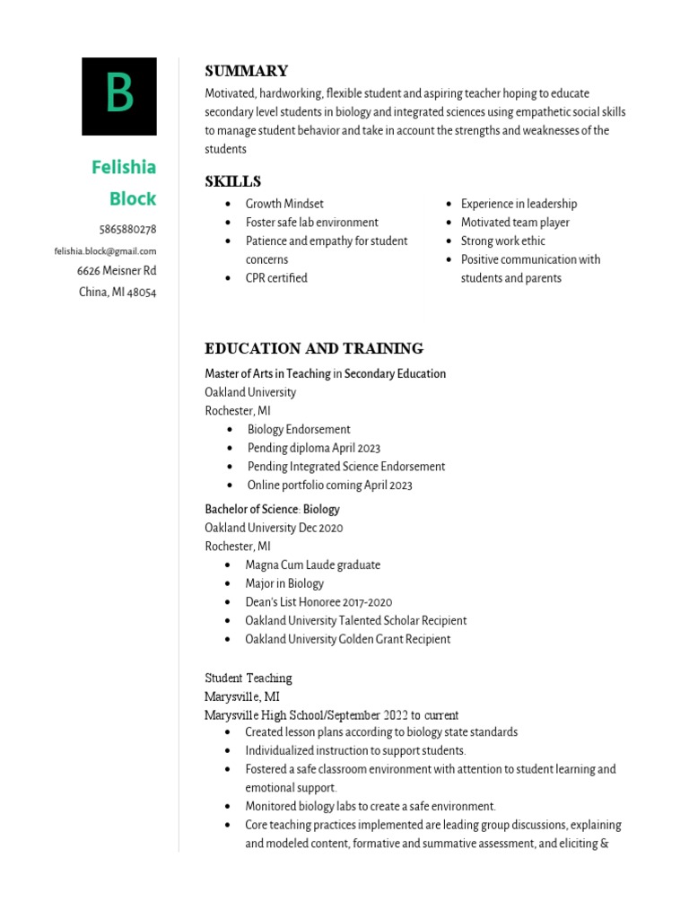 Felishia Block Resume | Download Free PDF | Teachers | Empathy