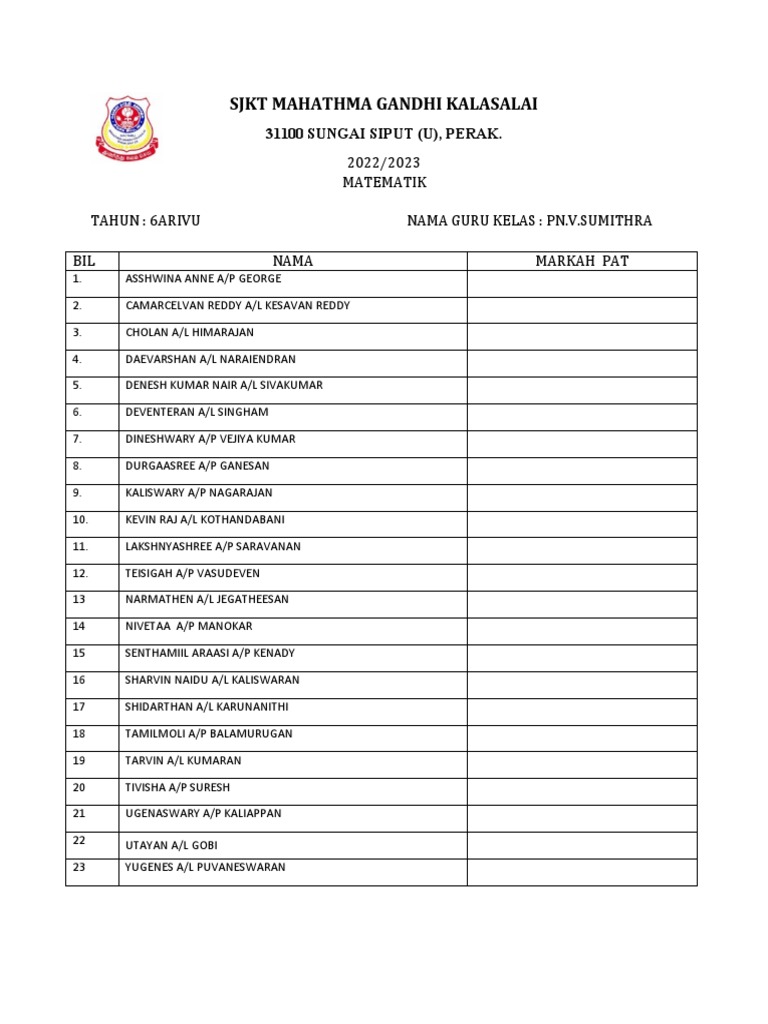 Year 6 Arivu Class Roster | PDF