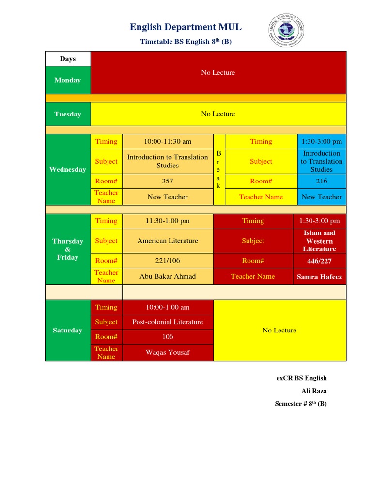 Timetable English Department MUL | PDF