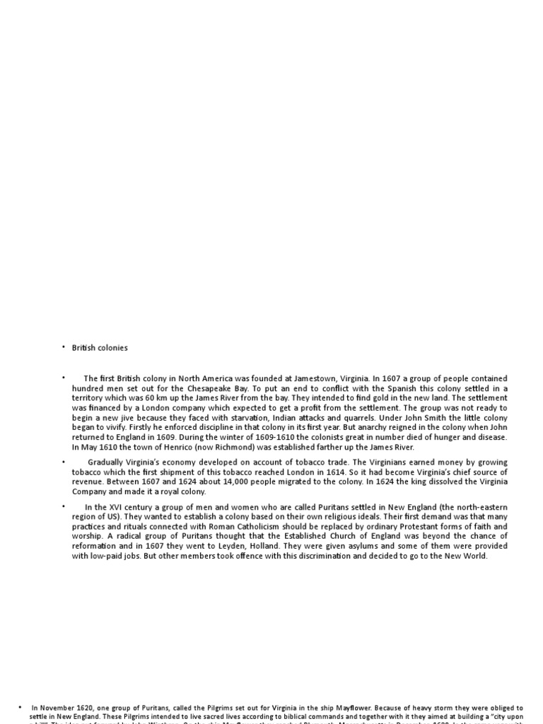 The Development of Early British Colonies in North America: Jamestown ...