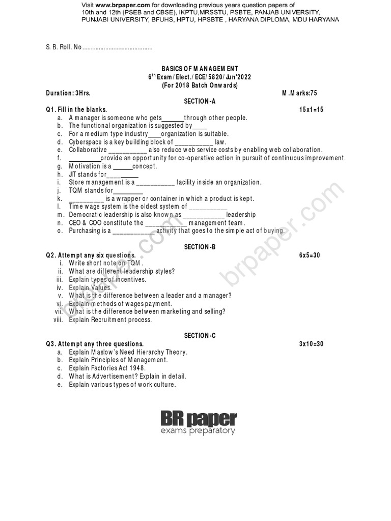 Basics of Management 6 Exam/Elect./ECE/5820/Jun'2022 (For 2018 Batch ...