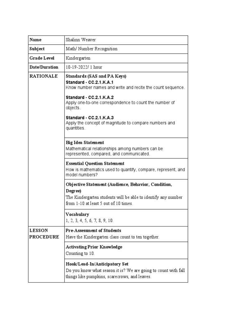Kindergarten Math Number Recognition | PDF | Mathematics | Behavior ...