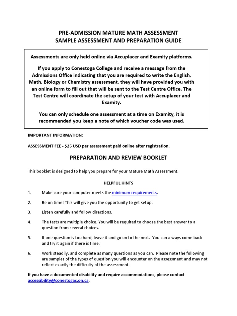 Mature Student Math Assessment Guide | PDF
