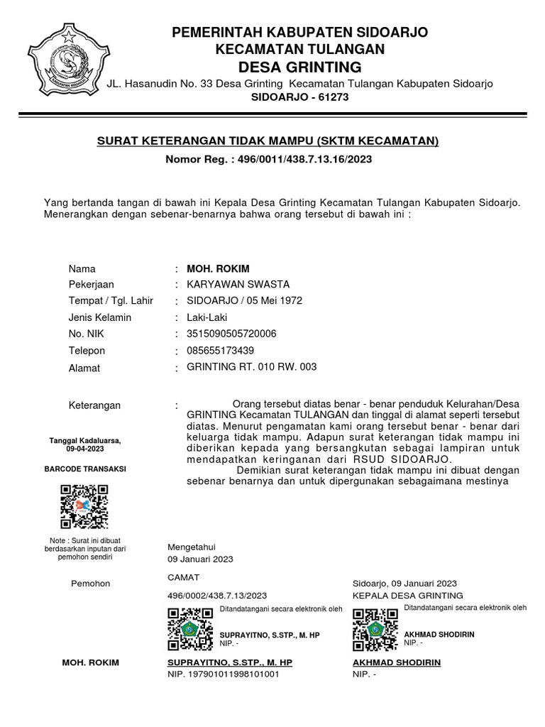 SKTM Desa Grinting Tulangan Sidoarjo | PDF