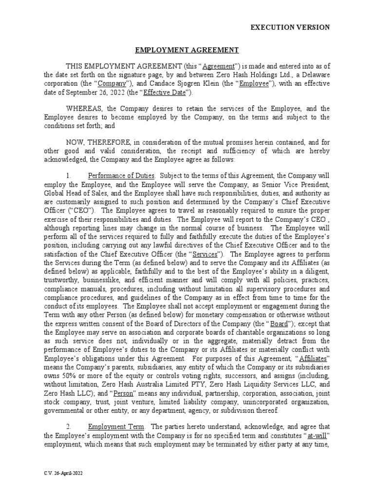 Execution Version Employment Agreement: C.V. 26-April-2022 | PDF ...