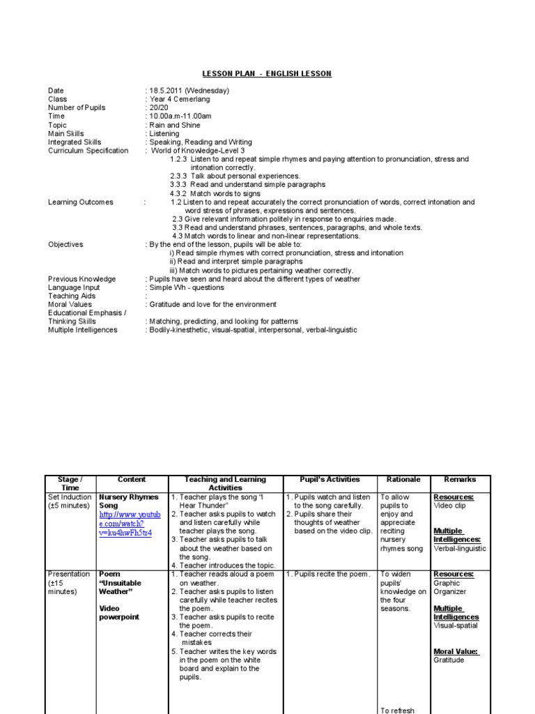 Lesson Plan - English Lesson | PDF | Lesson Plan | Cognition