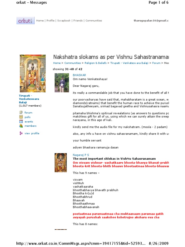 Messages on Nakshatra Temples and Vishnu Sahasranamam Slokas | PDF