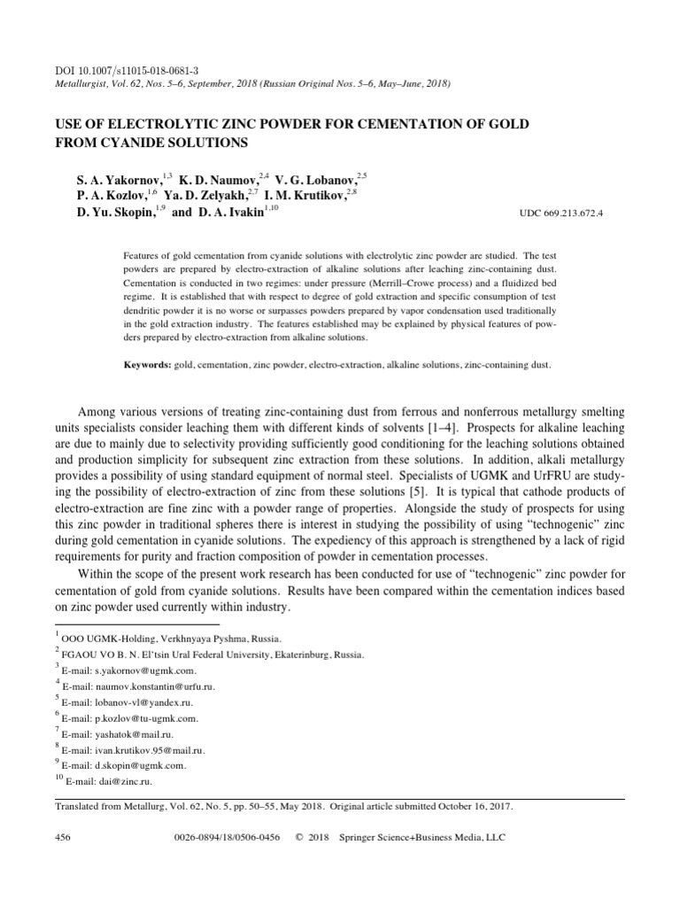 Use of Electrolytic Zinc Powder For Cementation of Gold | PDF | Zinc | Gold