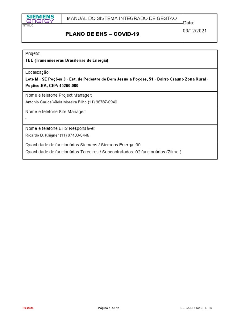 Anexo 6.1 - Modelo Plano de EHS COVID-19 - Rev3 | PDF