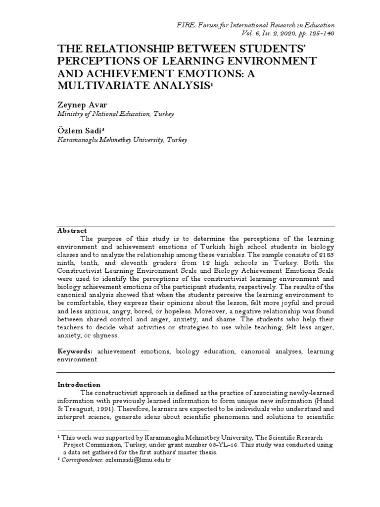 The Relationship Between Students' Perceptions of Learning Environment and Achievement Emotions ...