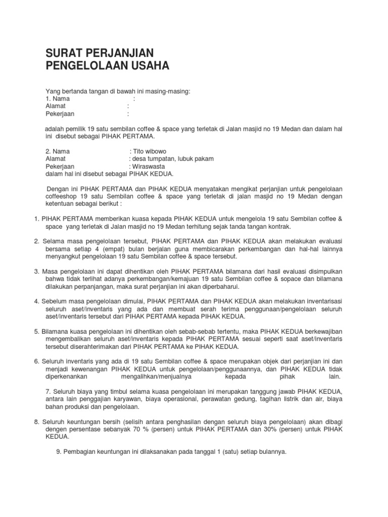 Surat Perjanjian Pengelolaan Usaha | PDF