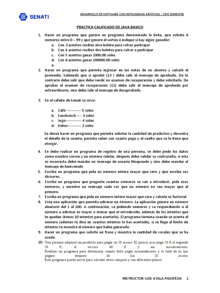 PRACTICA Calificada DE JAVA BASICO | PDF | Informática