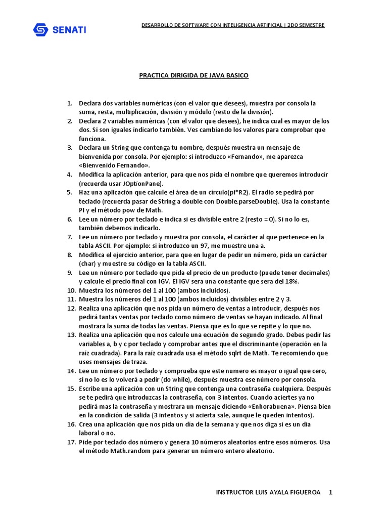 Practica Dirigida de Java Basico | PDF | Pi | Sustracción